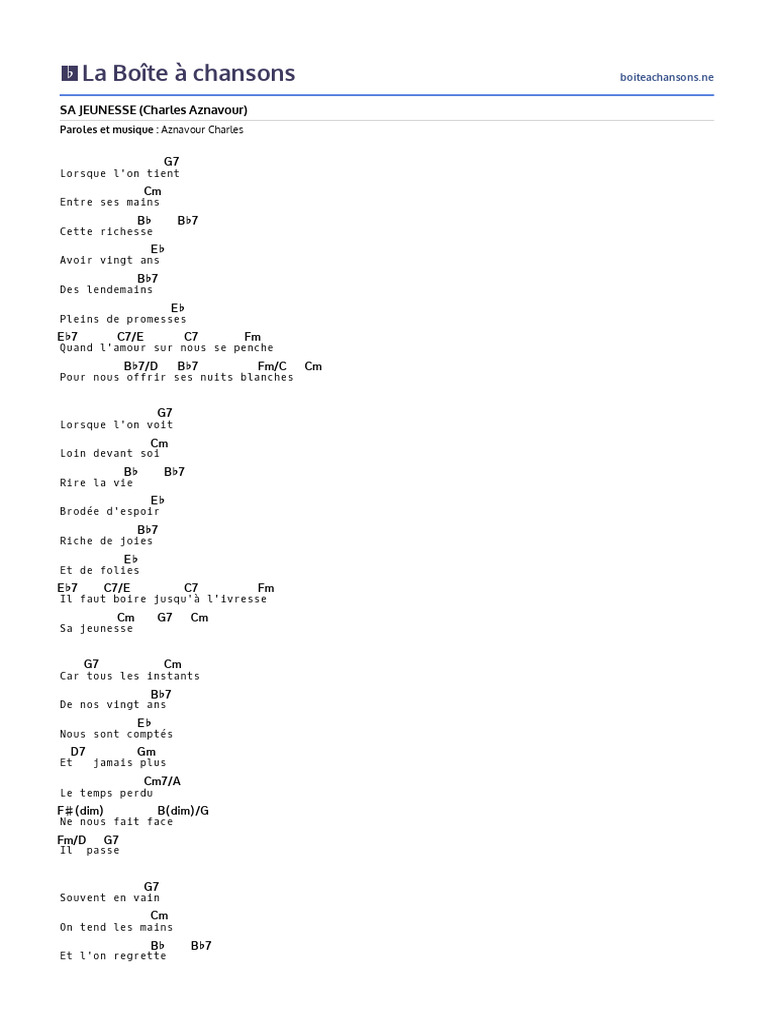 Sa Jeunesse - Charles Aznavour - Partitions - La Boîte À Chansons | PDF