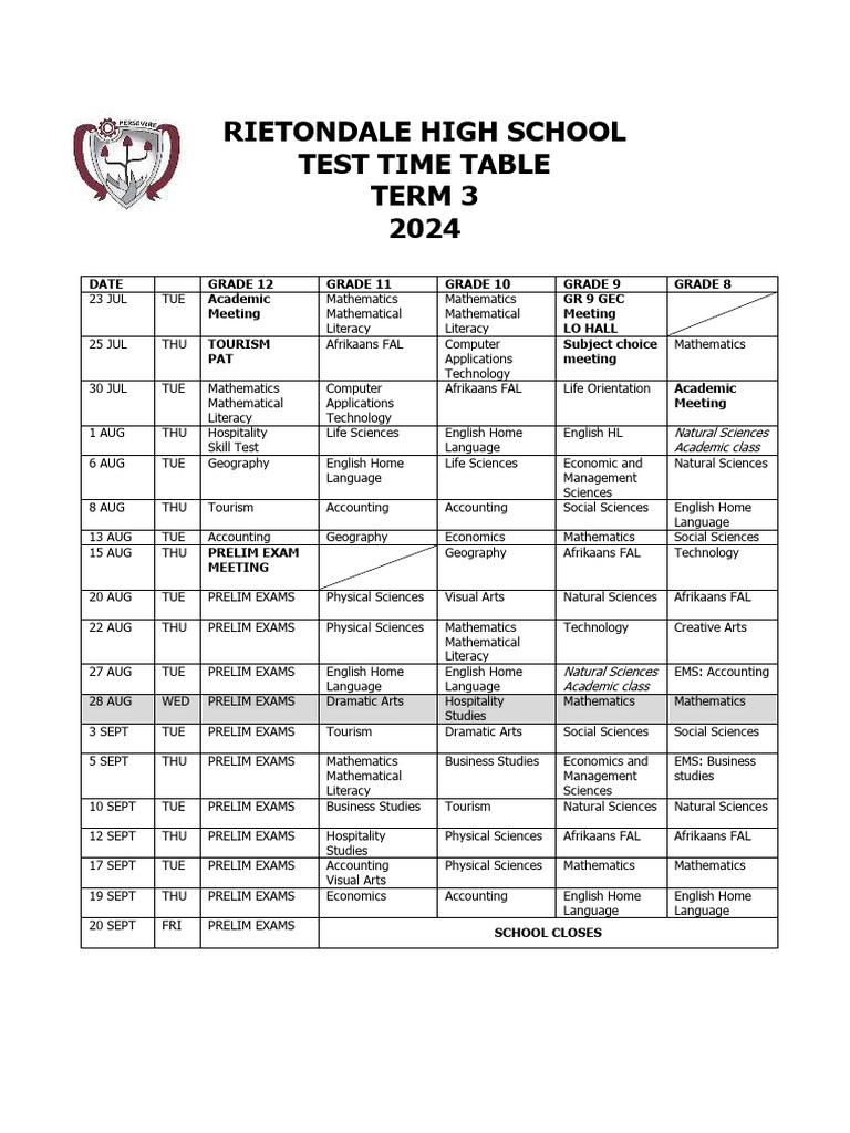 Rietondale High School Term 3 Exam Schedule | PDF | Science