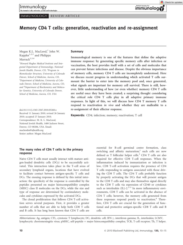 Immunology - 2010 - MacLeod - Memory CD4 T cells generation reactivation and re‐assignment | PDF
