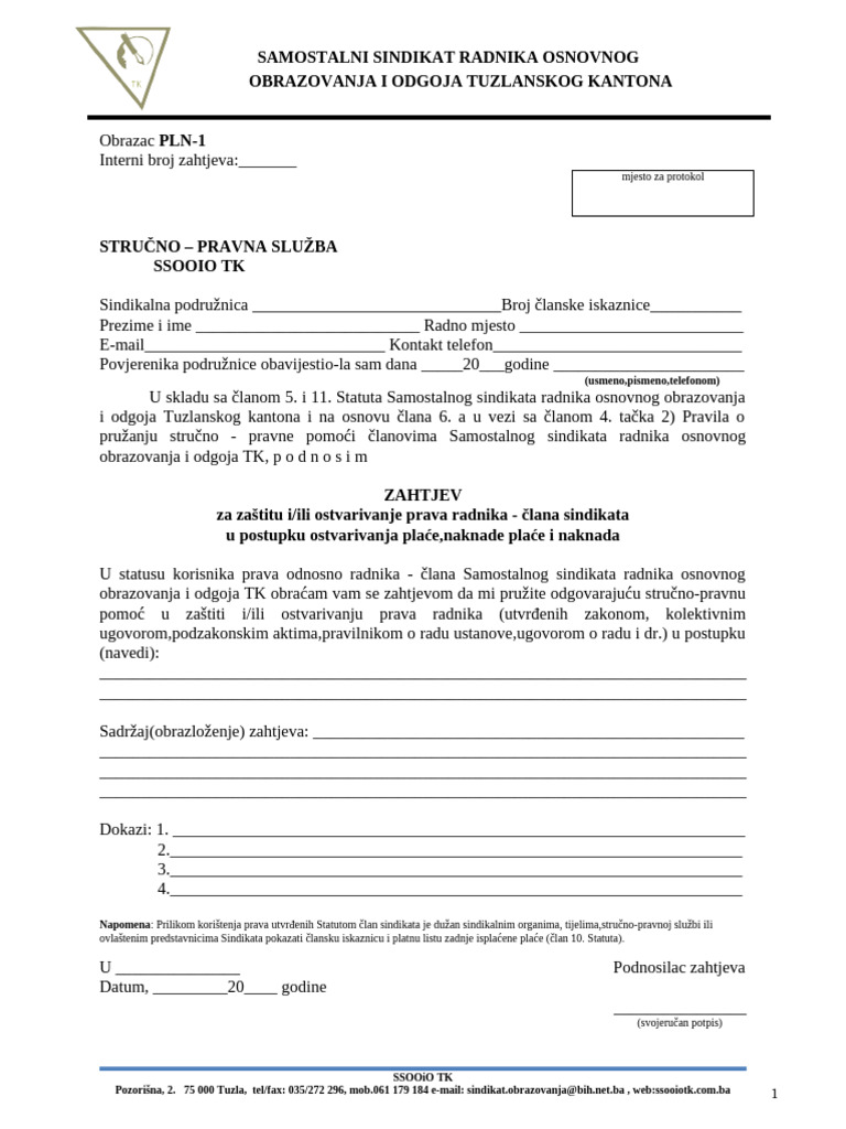 2.obrazac PLN-1 Zahtjev 2 | PDF