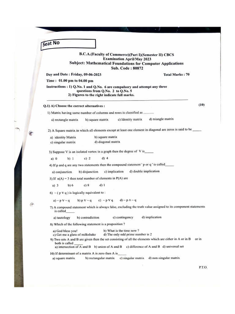 Previous Year Papers Sem 2 | PDF