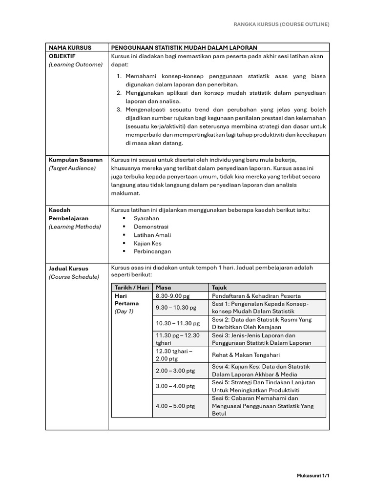 Course Outline Kursus Penggunaan Statistik Mudah Dalam Laporan | PDF