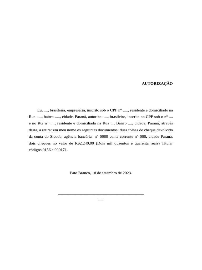 AUTORIZAÇÃO Retirada de Cheque Devolvido2 | PDF
