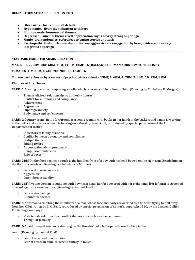 Bellak Thematic Apperception Test | PDF | Id | Perception