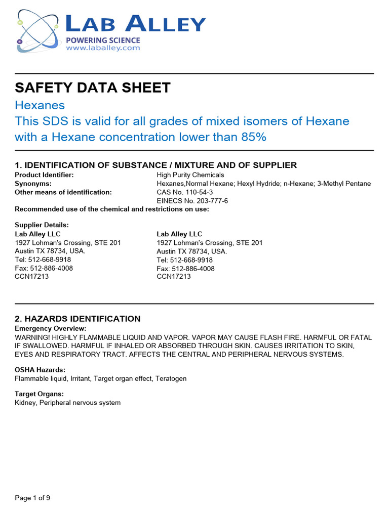 Hexane Safety Data Sheet SDS | PDF | Personal Protective Equipment ...
