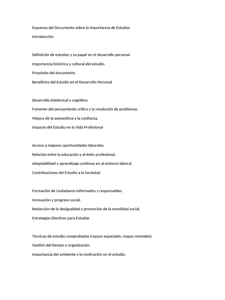 Esquema Del Documento Sobre La Importancia de Estudiar | PDF Esquema Del Documento Sobre La Importancia de Estudiar | PDF