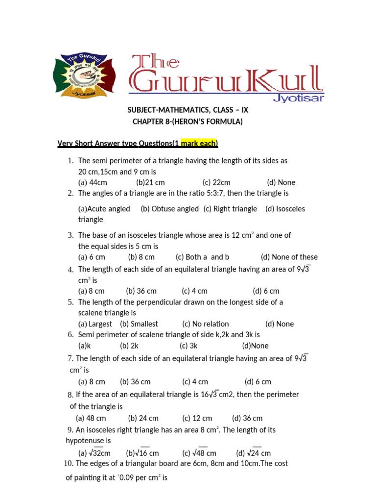 Ws-Herons Formula Basic and Standard Question | PDF | Triangle ...