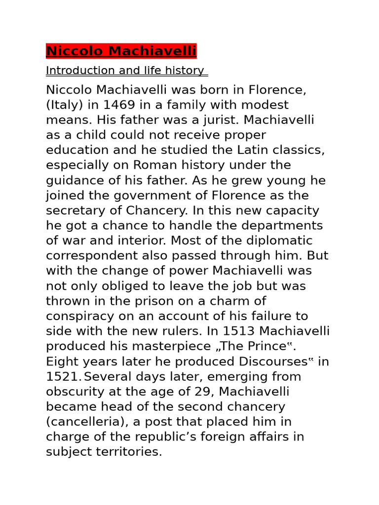 Niccolo Machiavelli Political Science Project | PDF