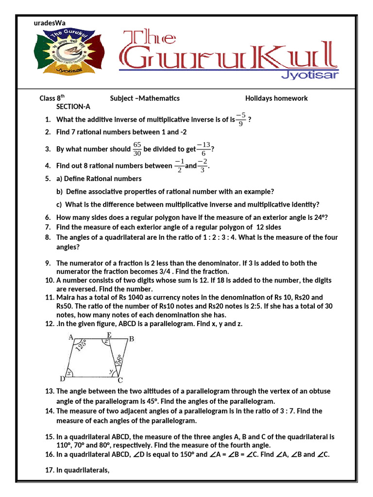 Revision Assignment For Holiday Homework Class 8 Maths | PDF | Euclidean Geometry | Mathematics