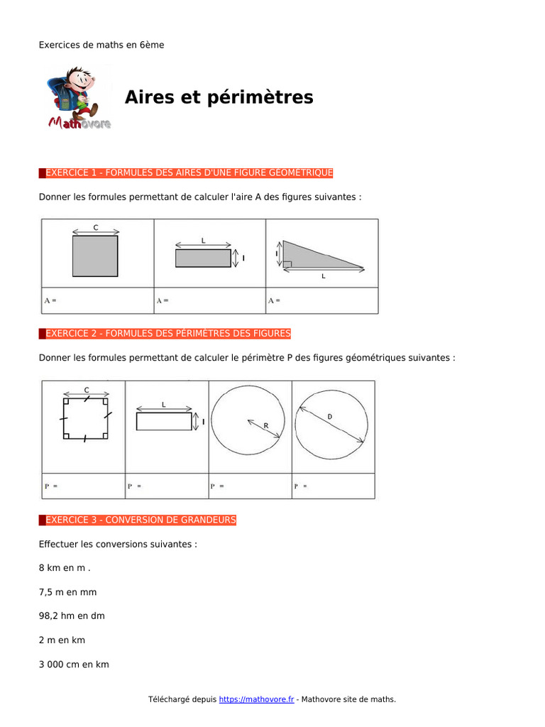 Aires et périmètres _ exercices de maths en 6ème corrigés en PDF ...