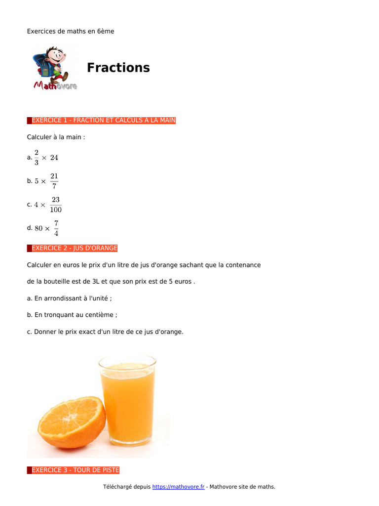 Fractions - Exercices de Maths en 6ème Corrigés en PDF. - Exercices de ...