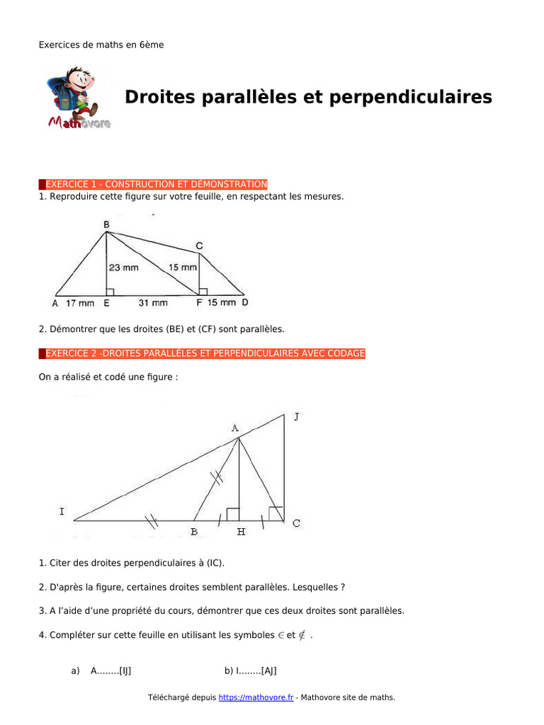Droites Parallèles Et Perpendiculaires - Exercices de Maths en 6ème ...