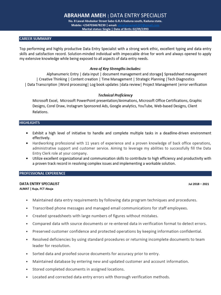 curriculum vitae for data entry specialist pdf | PDF
