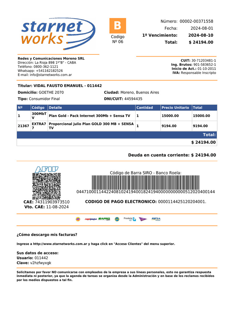 1º Vencimiento: 2024-08-10 Total: $ 24194.00: Número: 00002-00371558 Fecha: 2024-08-01 | PDF