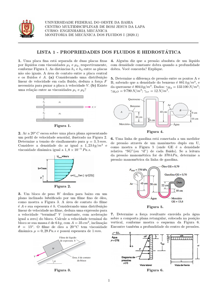 1 - Lista 1 - MecFlu I | PDF