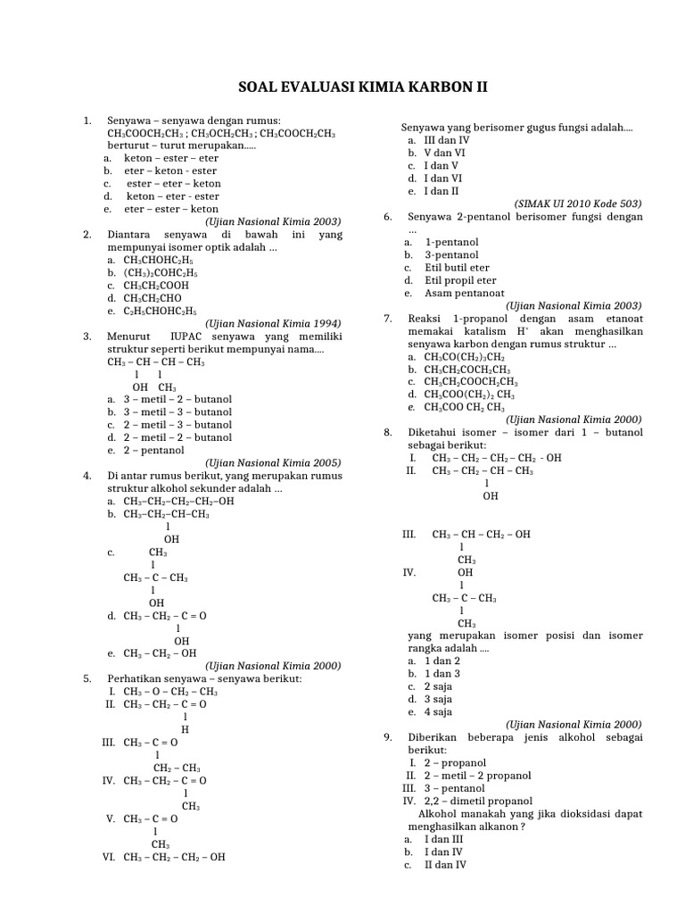 Soal Evaluasi Kimia Karbon Ii | PDF