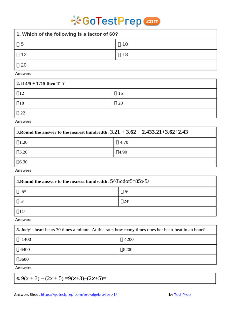 Pre Algebra Test 1 | PDF