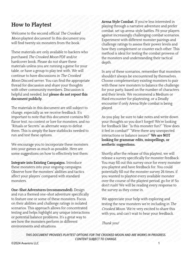 Crooked Moon Monster Playtest June 2024 v1 | PDF