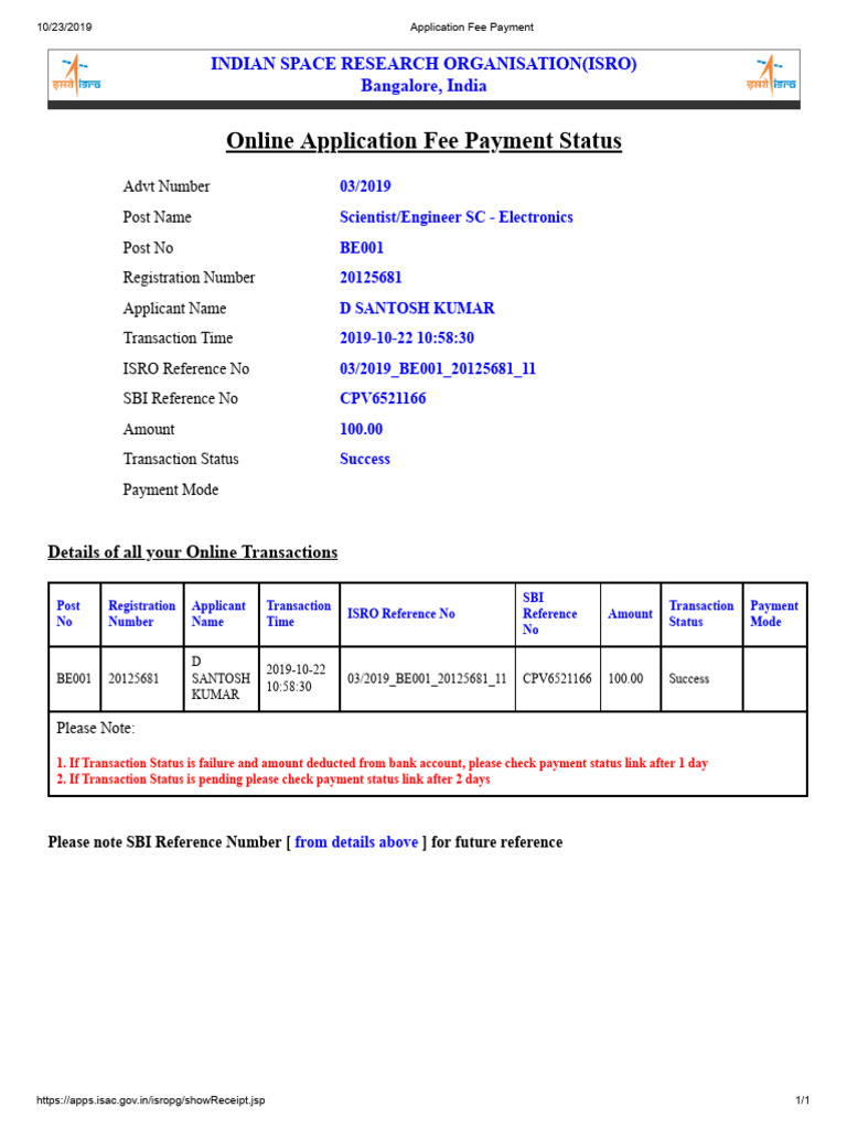 Isro Etc Payment Slip 2019 | PDF