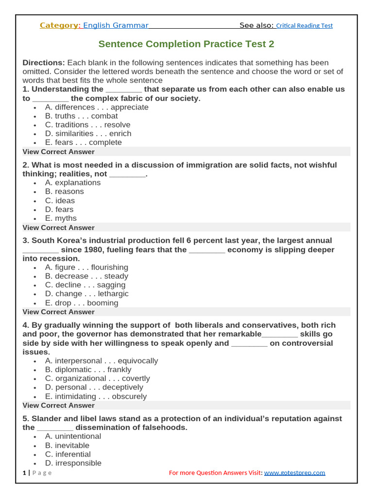 Sentence Completion Practice Test 2 | PDF
