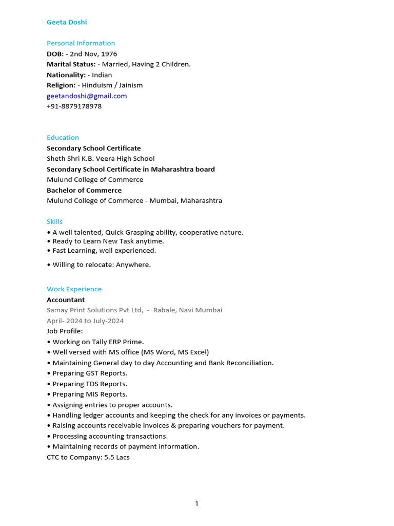 Geeta CV | PDF