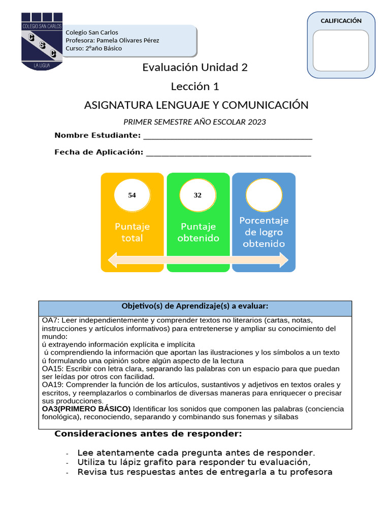 Prueba Leccion 1 Unidad 2 Consonante D-N | PDF