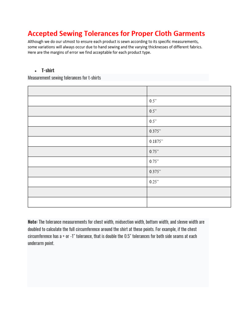 Accepted Sewing Tolerances For Proper Cloth Garments | PDF