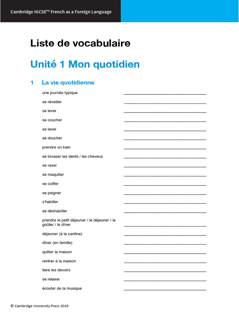 Unite 1 Vocabulaire IGCSE French FL1 | PDF