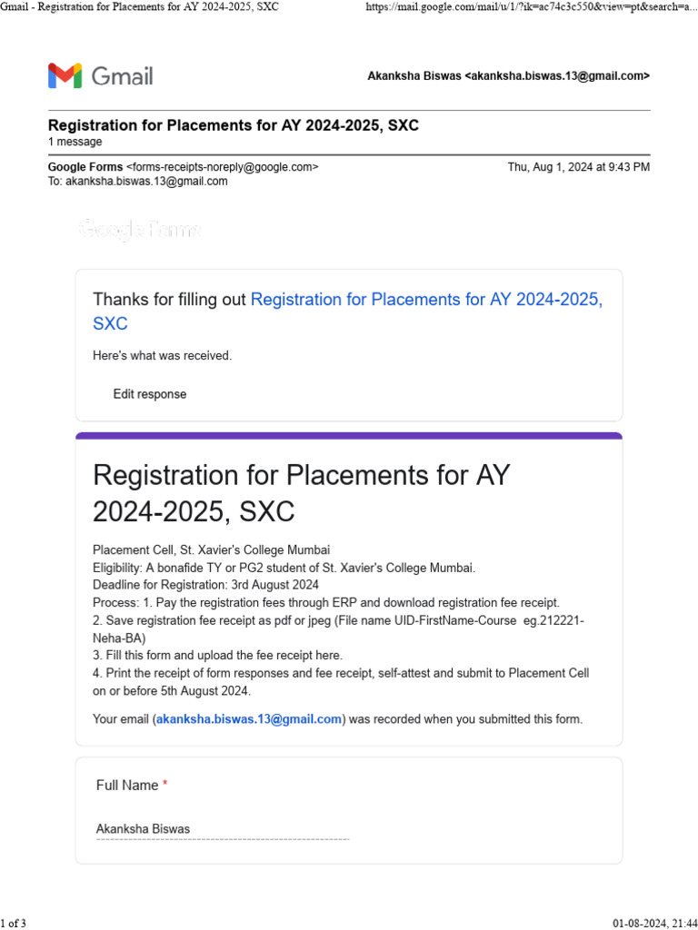Gmail - Registration for Placements for AY 2024-2025, SXC | PDF Gmail - Registration for Placements for AY 2024-2025, SXC | PDF