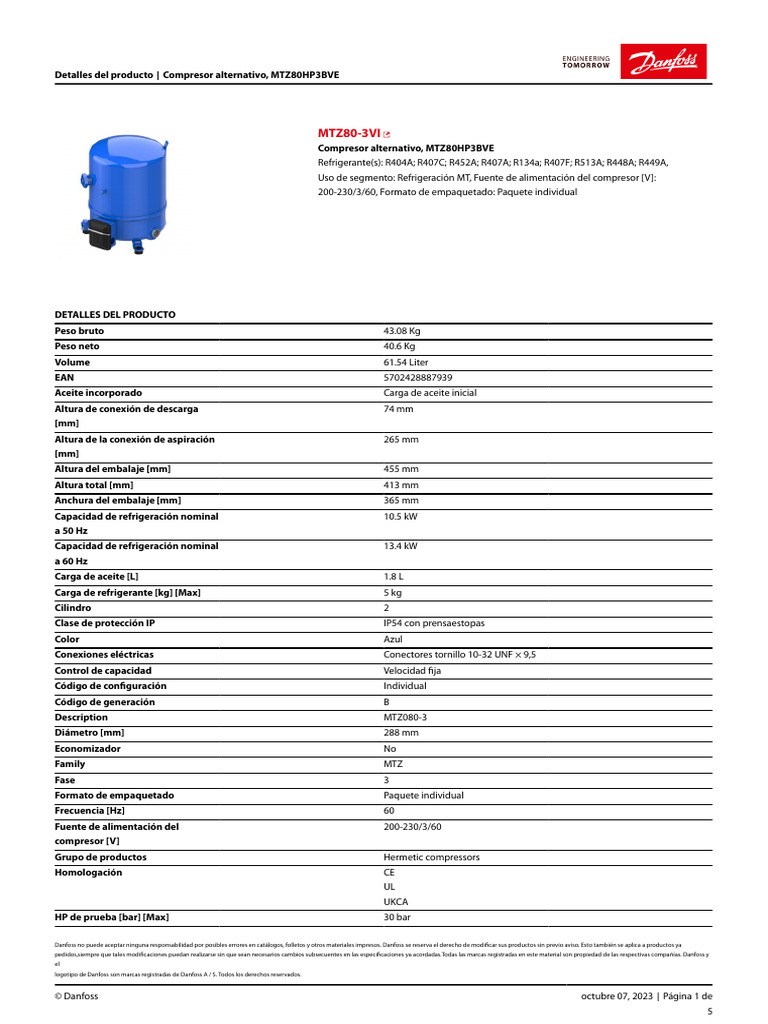 Danfoss Reciprocating Compressor MTZ80HP3BVE MTZ80 3VI | PDF