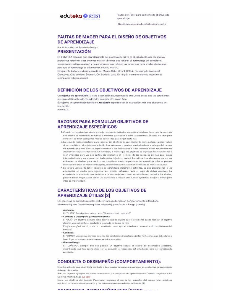 Pautas de Mager para El Diseño de Objetivos de Aprendizaje | PDF