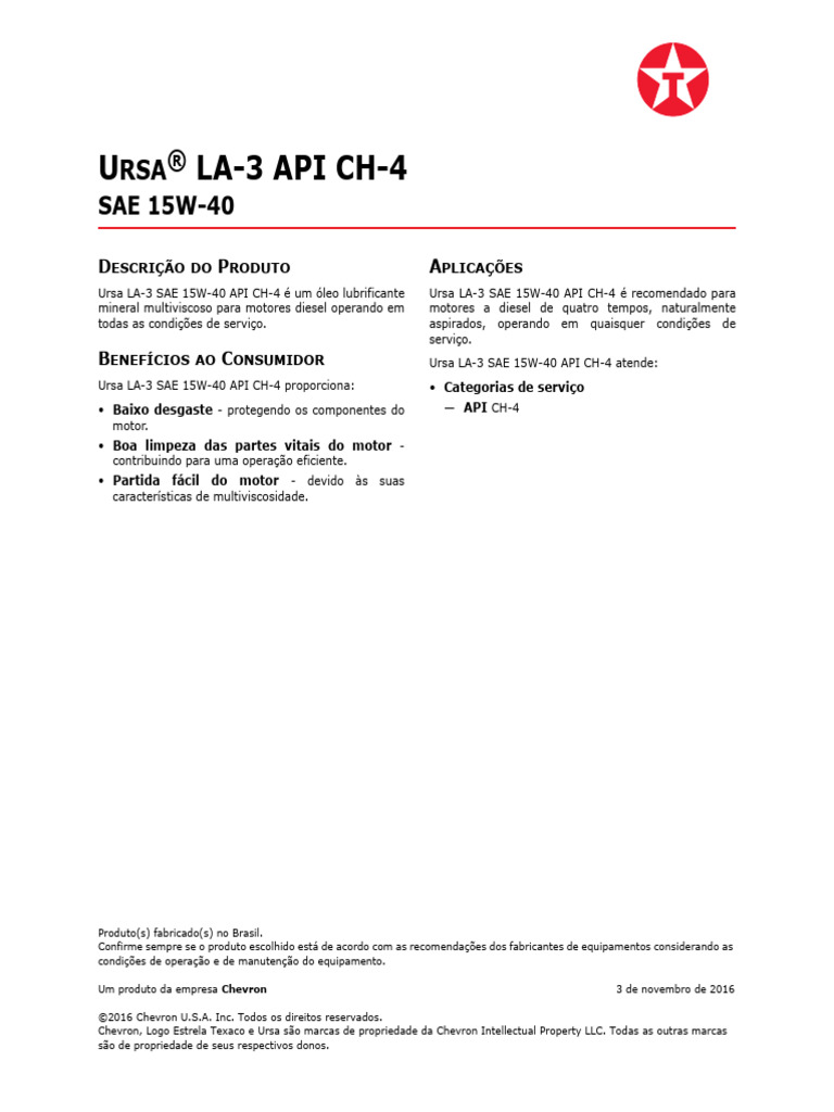 Ursa-LA3-15W40-CH4_BR-PT_3nov2016 - CH-4 15W40 - mais simples | PDF