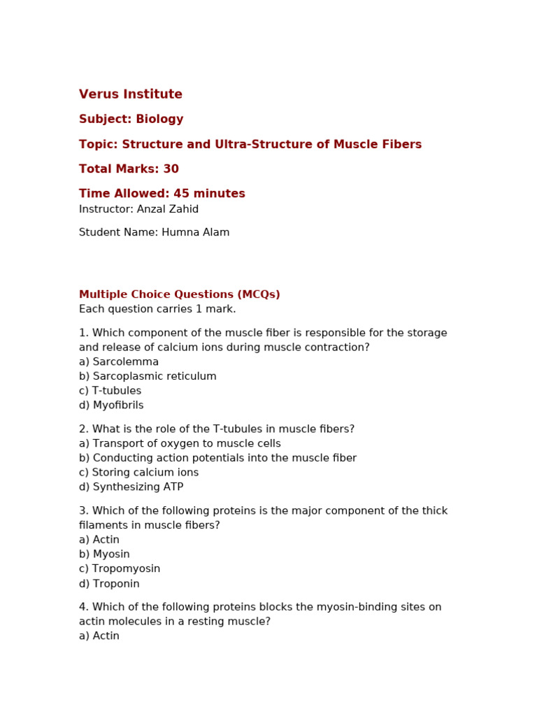 Structure and Ultra Structure of Muscle Fibers Test Maroon Headings | PDF