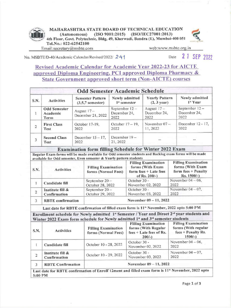 MSBTE Academic Calendar 2022-23 | PDF