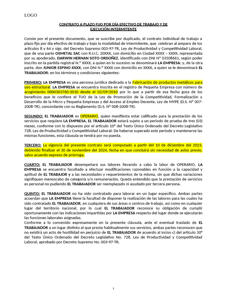 Contrato de Trabajo Intermitente | PDF | Derecho laboral | Salario