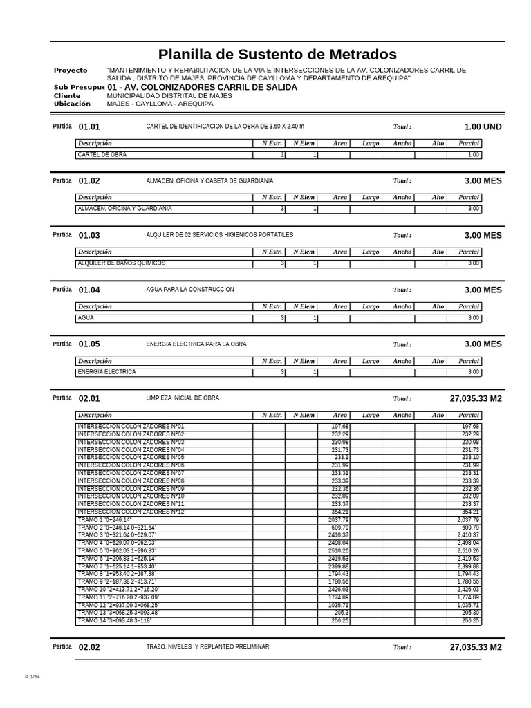 Planilla Metrados Obra Majes. | PDF