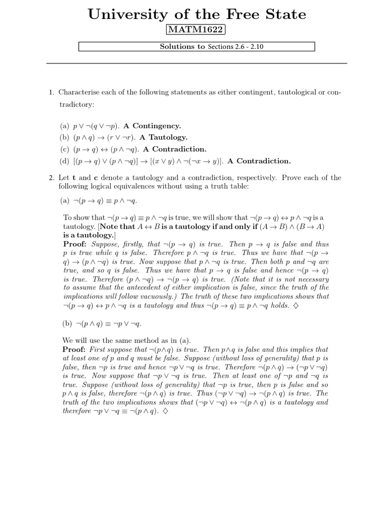 MATM1622 EXERCISES Chapter 2 Logic Solutions Sections 2.6 - 2.10 | PDF