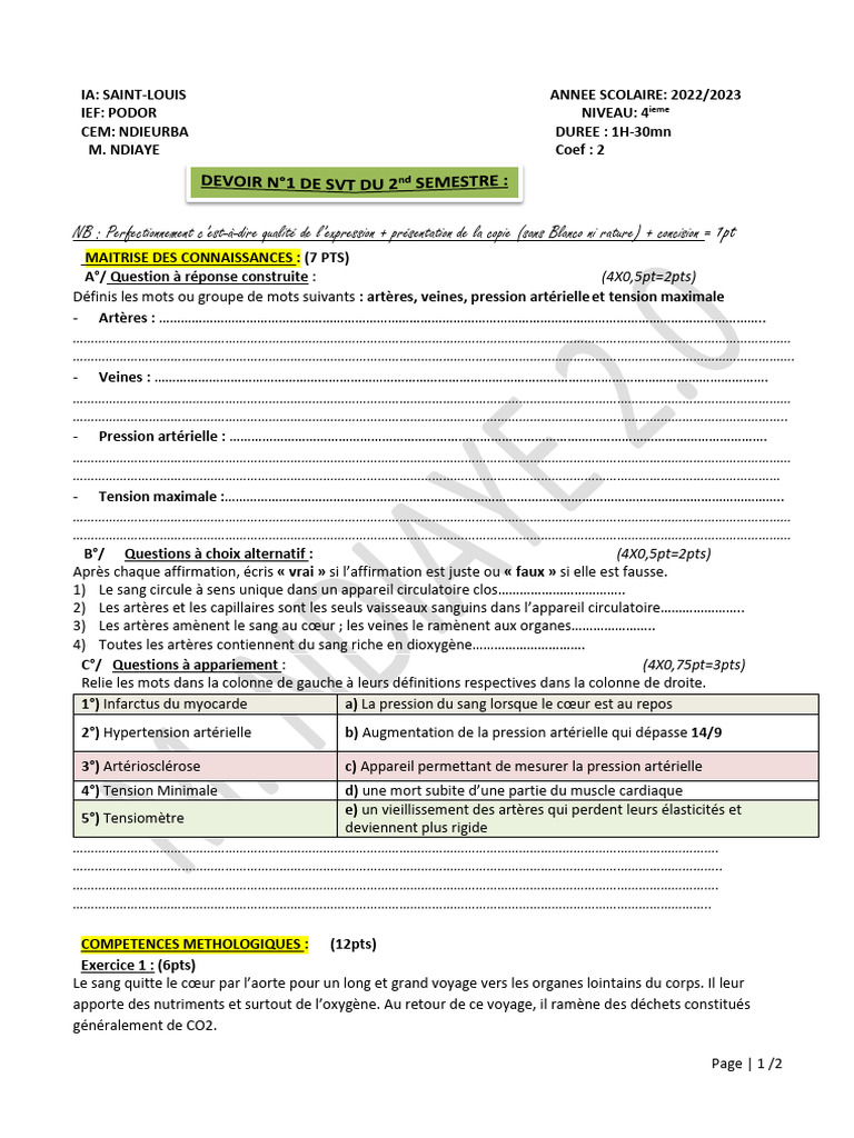 Devoir N°1 Du 2nd Semestre 2022-2023 | PDF