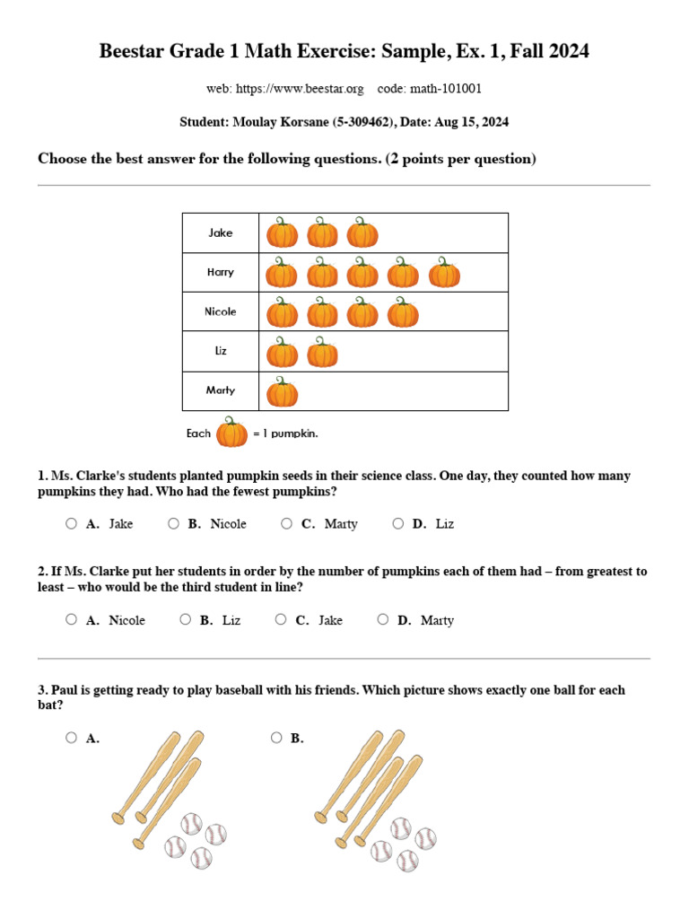 Beestar Exercise Math 1 | PDF