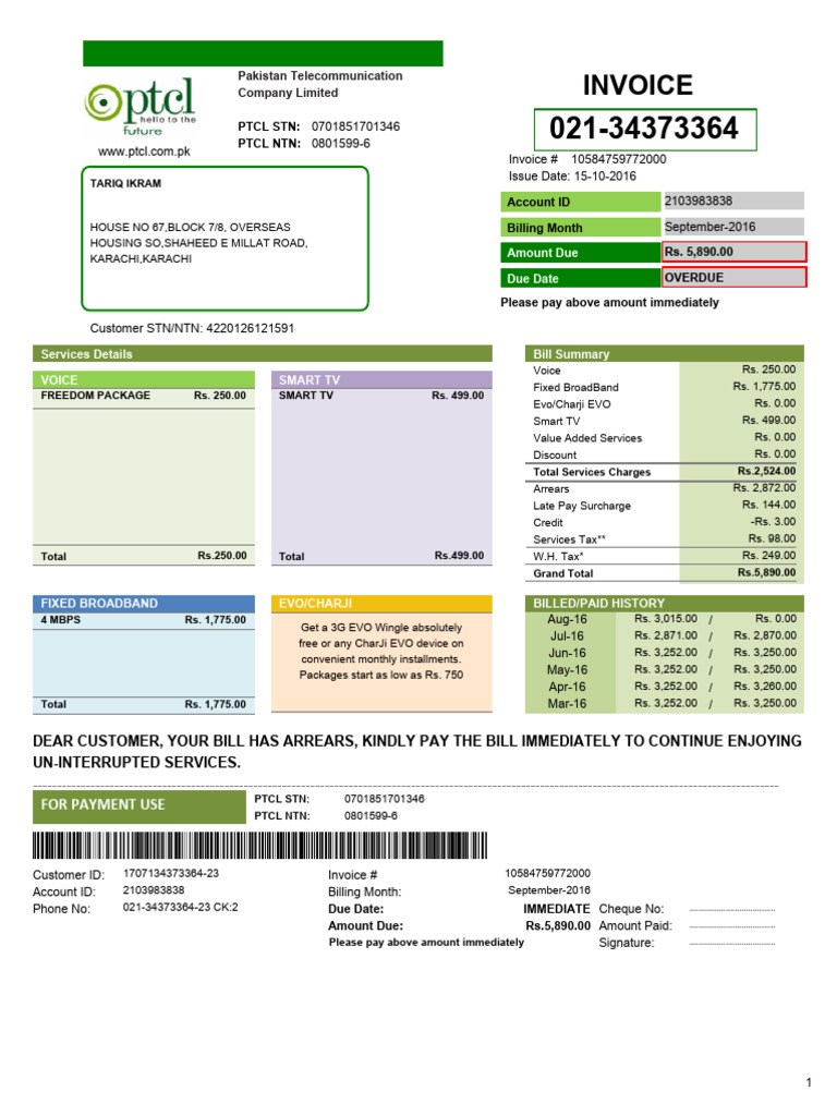 Invoice: PTCL STN: PTCL NTN | PDF