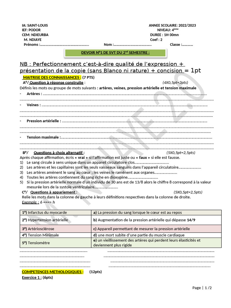 Devoir N°1 Du 2nd Semestre 2022-2023 | PDF