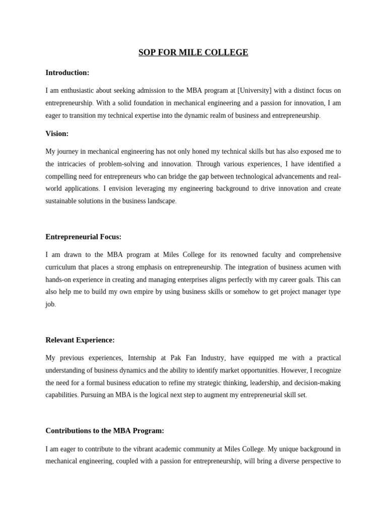 Sop For Mile College | PDF