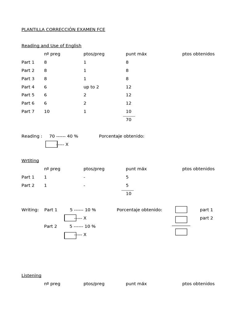 Plantilla Corrección Examen FCE | PDF