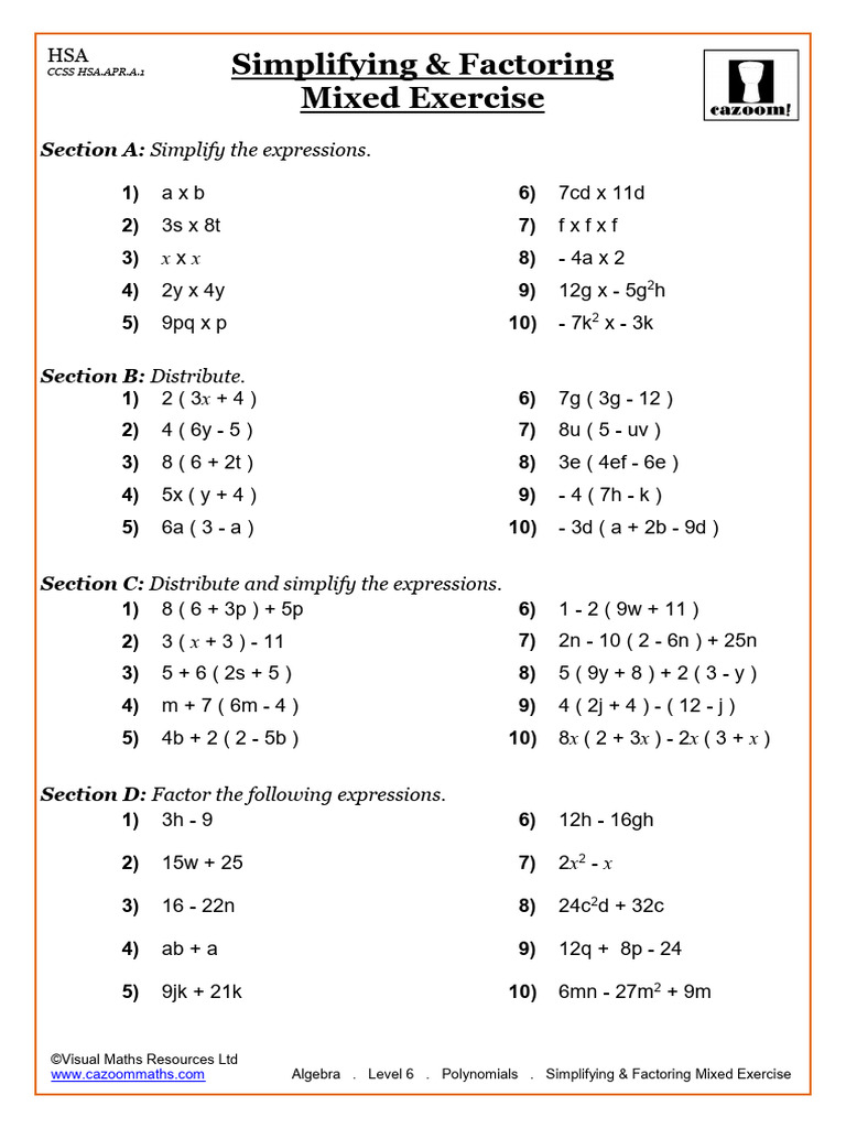 Algebra - Factorisation.Simplifying and Factoring - Mixed Exercise - US ...