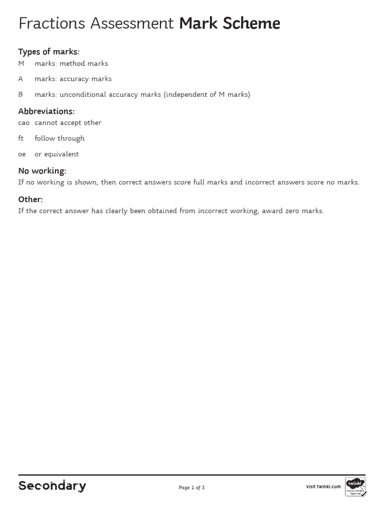 Fractions Assessment Mark Scheme | PDF