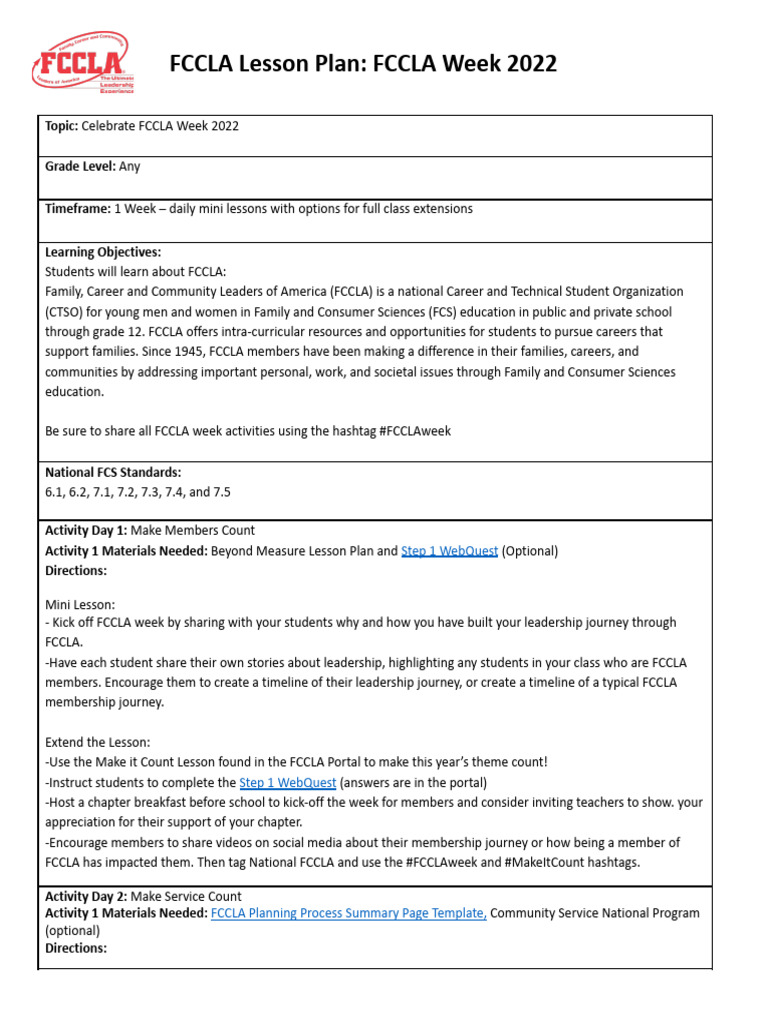 FCCLA Week Activities Guide | PDF | Lesson Plan | Teaching