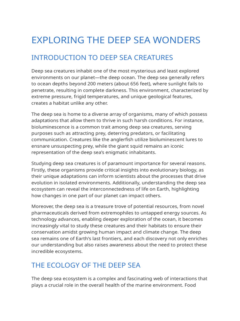 Exploring The Deep Sea Wonders | PDF