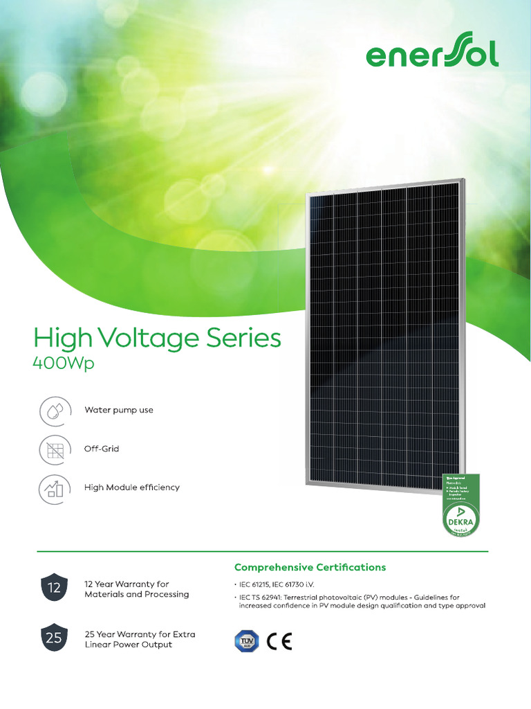 Enersol - High Voltage Datasheet 400wp - v01 | PDF