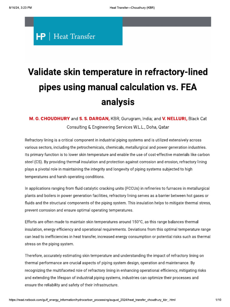 Skin Temperature For Refractory Lined Pipes Validation | PDF