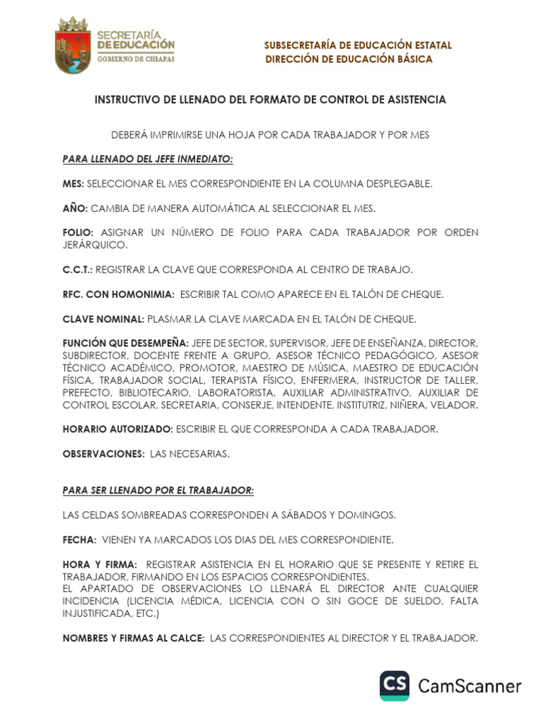 Instructivo de Llenado Del Formato de Control de Asistencia | PDF